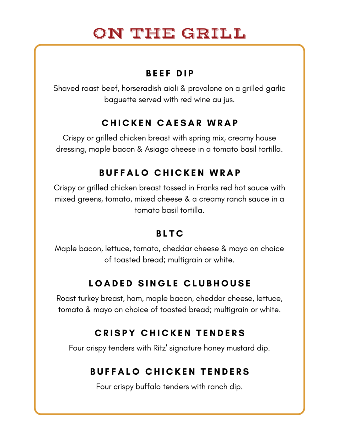 Ritz Grill Menu | Ritz Grill